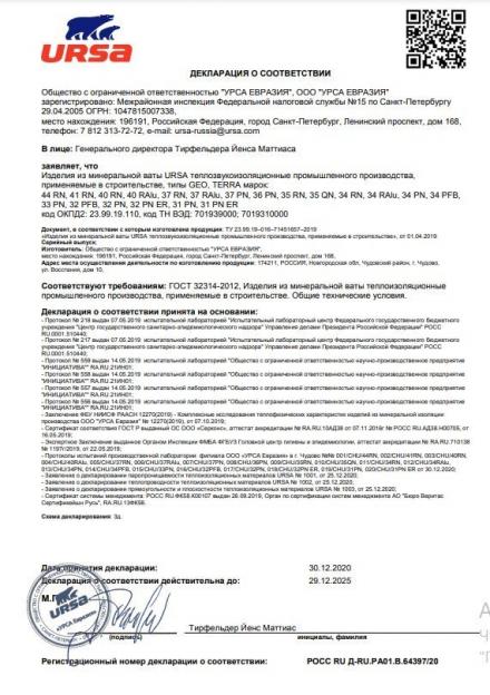 Утеплитель Ursa Geo М-11 100х1200х10000 (12 м2/1 плита) – купить в СПб ...